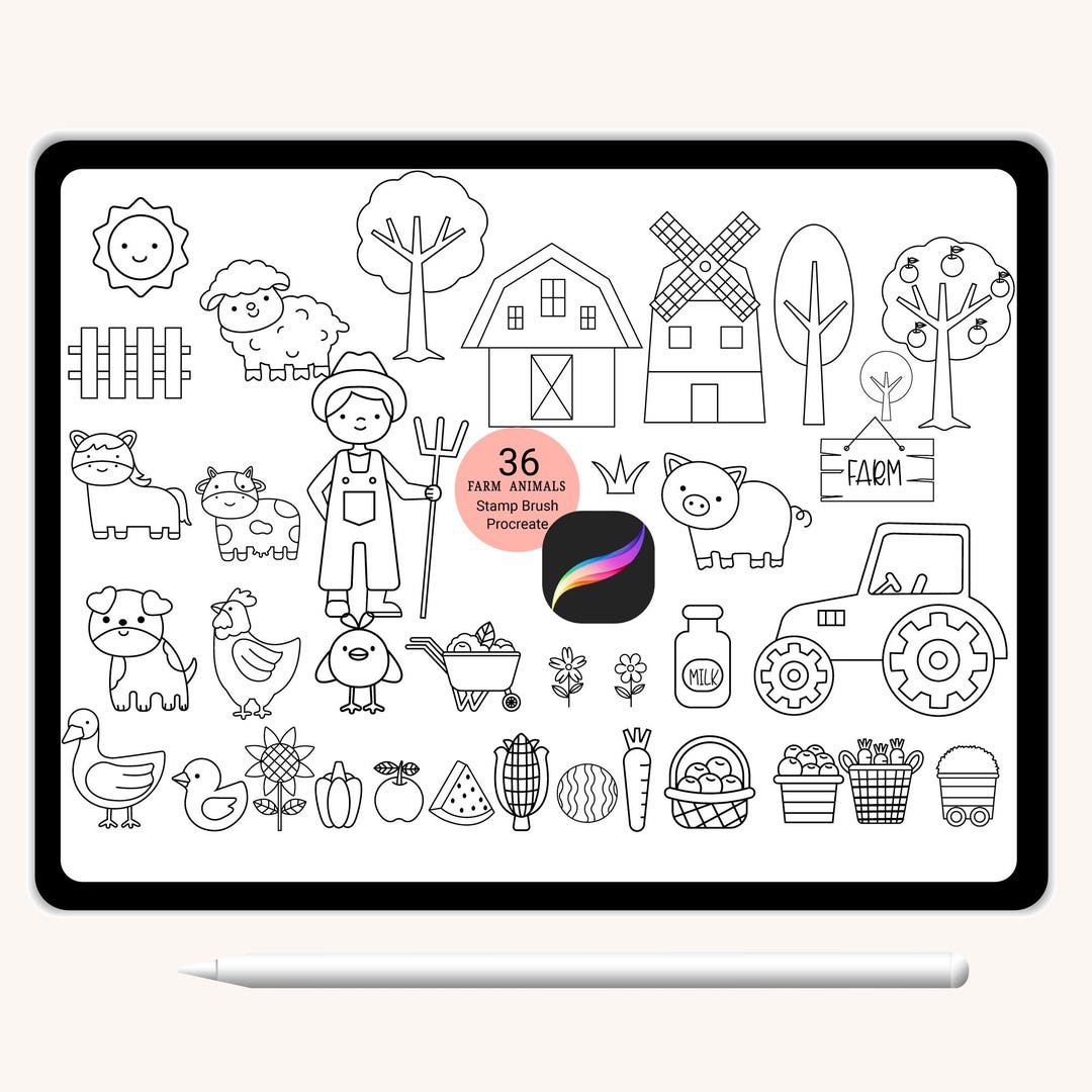36 Cute Animal Farm Procreate Stamps, Stamp Brush Farm Animal Coloring ...
