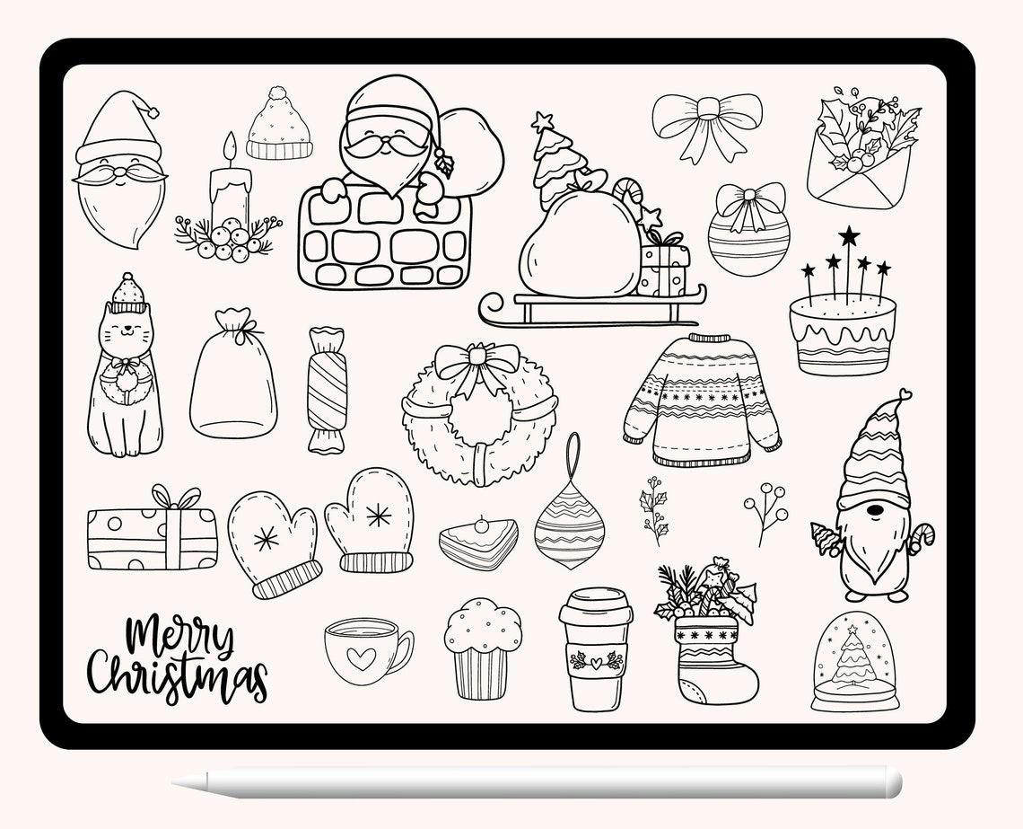 100 Christmas Procreate Stamps, Christmas Ornaments Doodle, Christmas ...