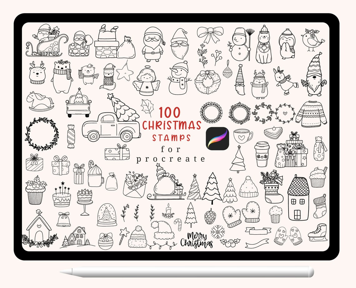 100 Christmas Procreate Stamps Christmas Ornaments Doodle - Etsy