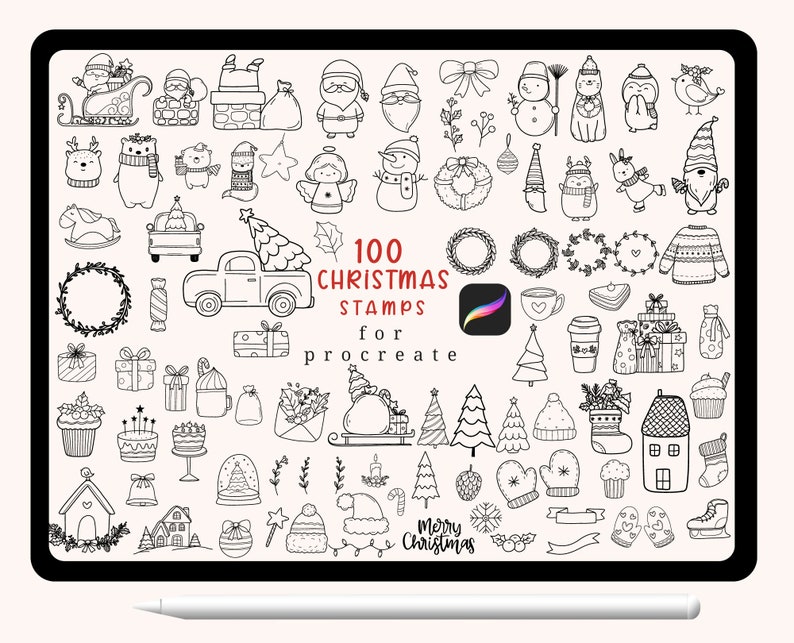 100 Christmas Procreate Stamps, Christmas Ornaments Doodle, Christmas ...