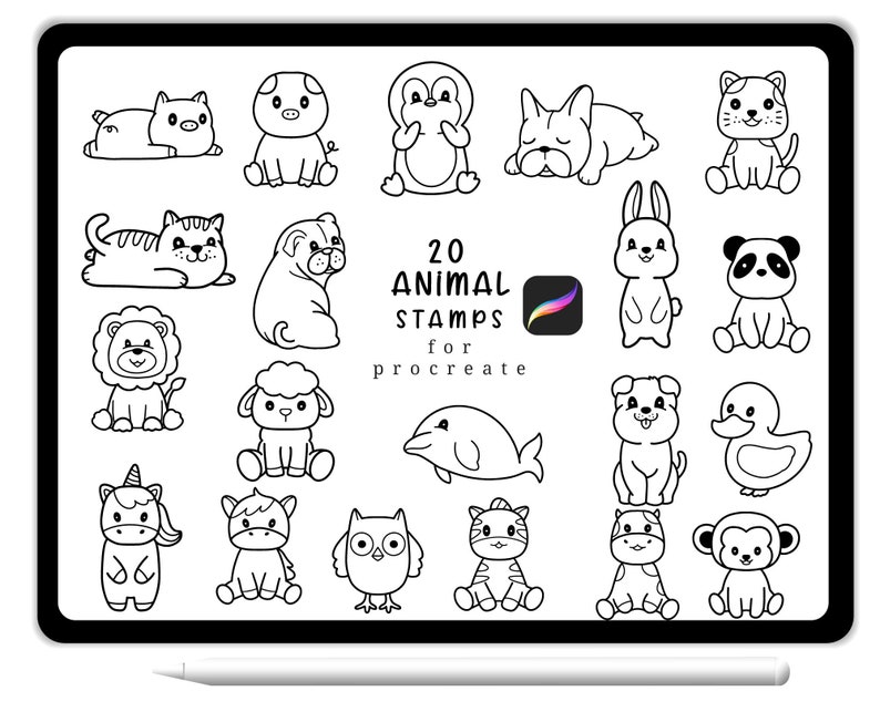20 Animals Procreate Stamps Cute Animal Cartoon Doodlehand - Etsy