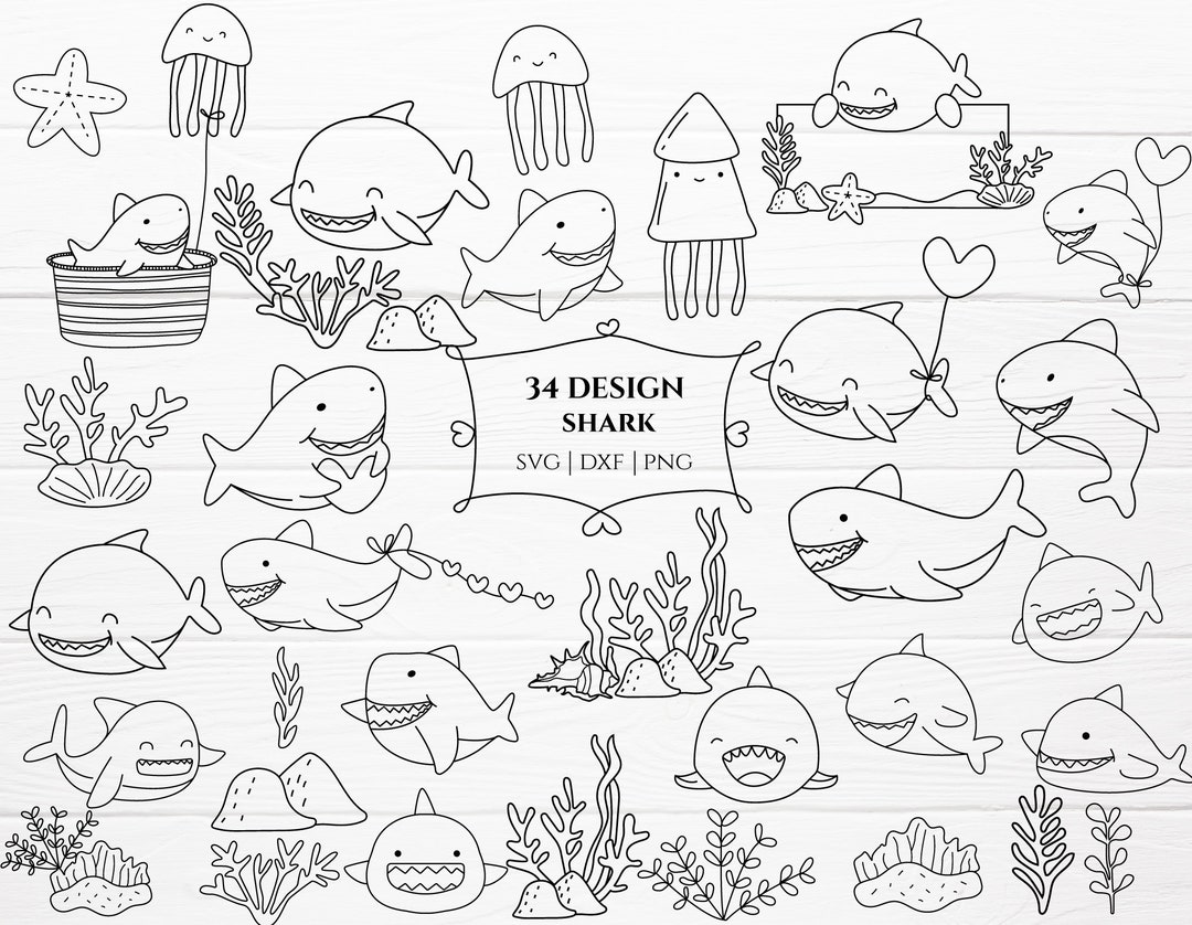 34 Shark Cartoon Fish Animal Bundle Svg,cut File, Sea, Nature SVG for ...