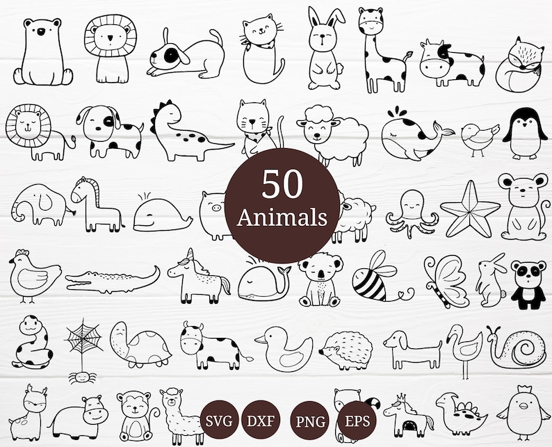 50 Tiere Bundle SVG für Cut-Datei, Tier handgezeichneten Stil, svg, dxf ...