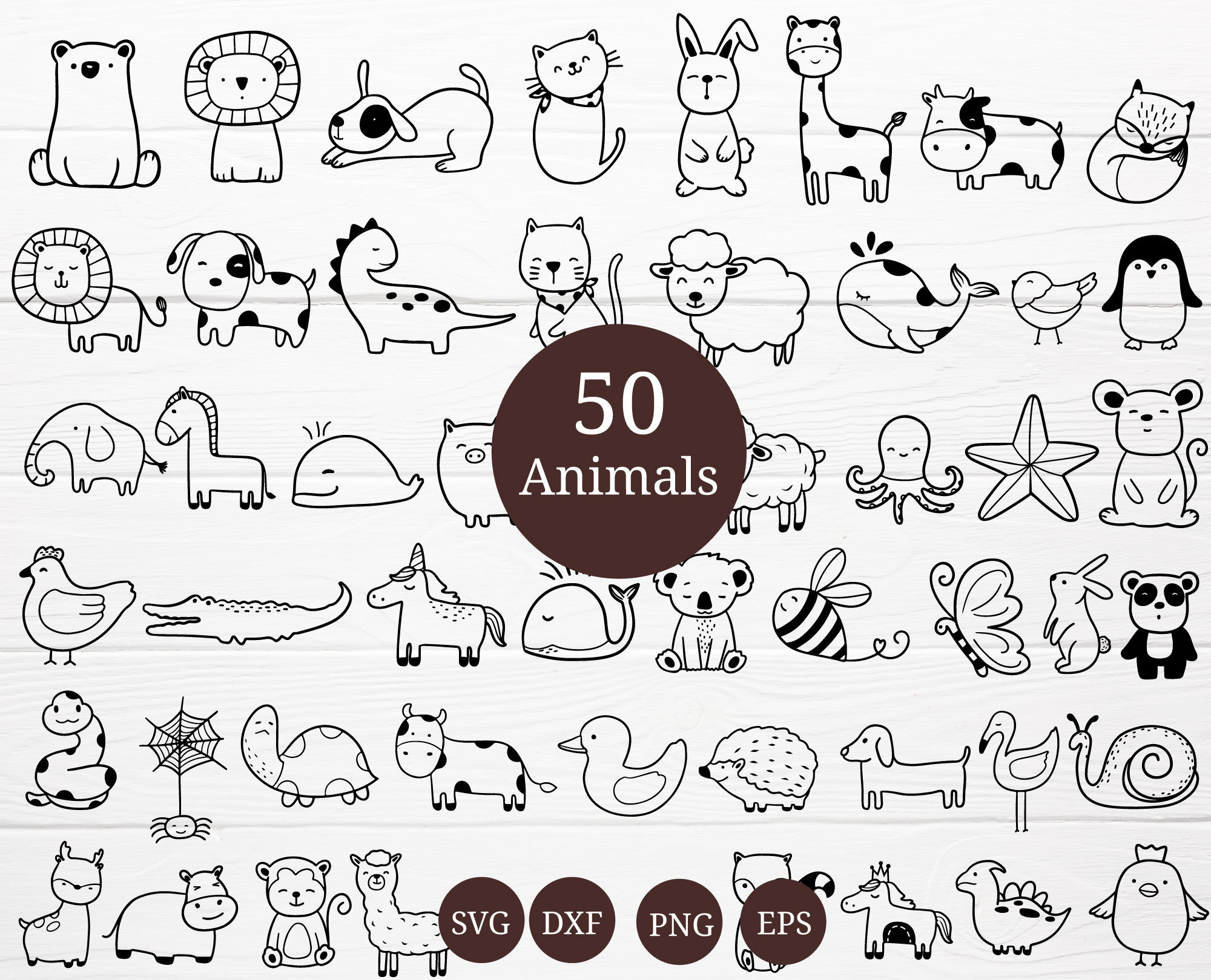 50 Tiere Bundle SVG für Cut-Datei, Tier handgezeichneten Stil, svg, dxf ...