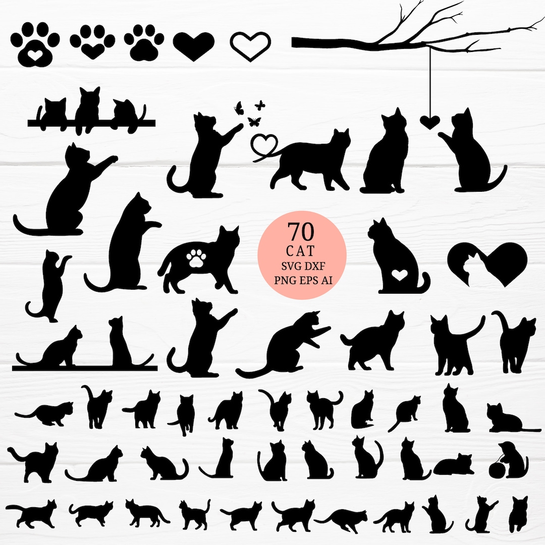 70 Cat Silhouette Svg Bundle Cut File,kitten Svg Kitty Pet, Animal Hand ...