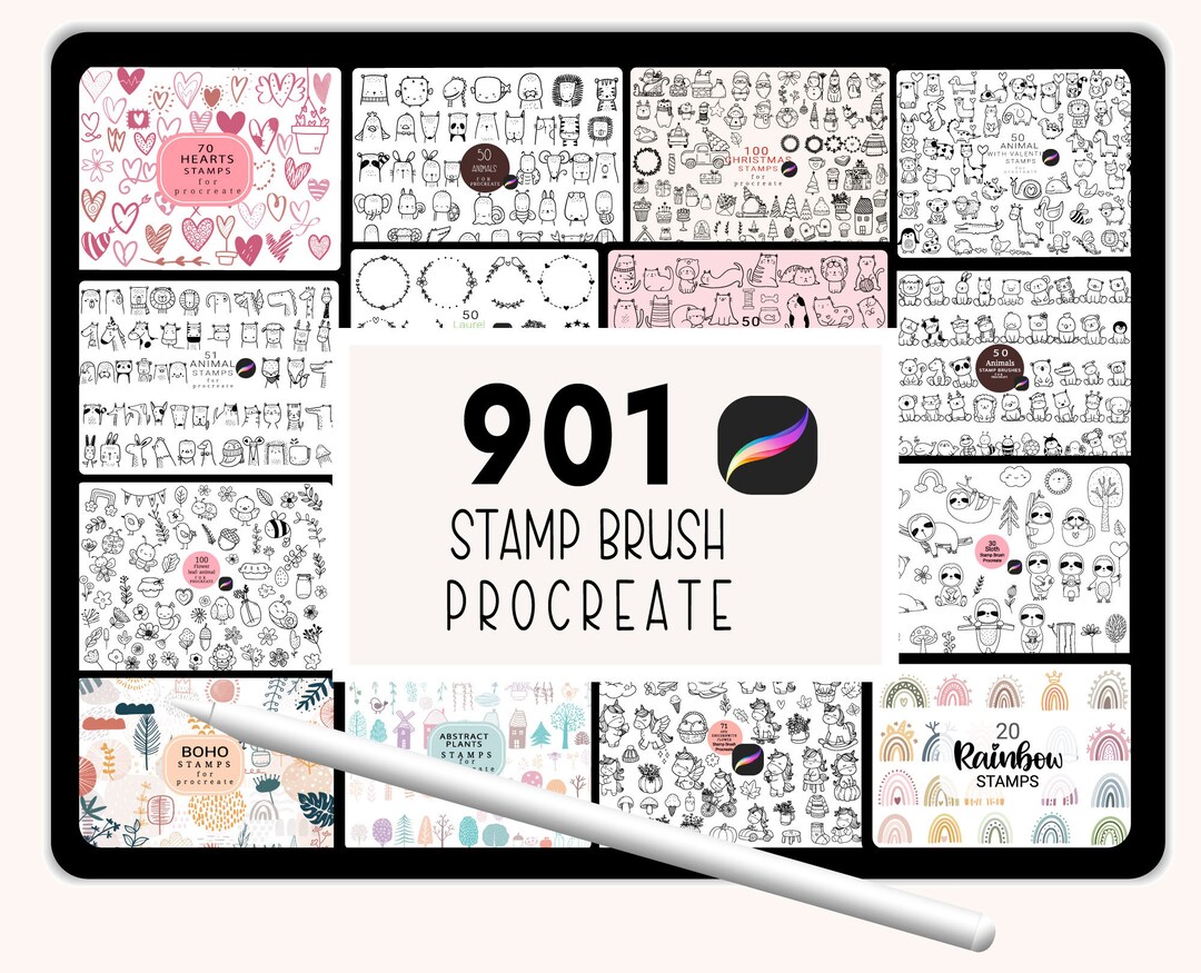 901 Stamps Brush Bundle, Cute Animals Procreate Stamps, Flower, Tree ...