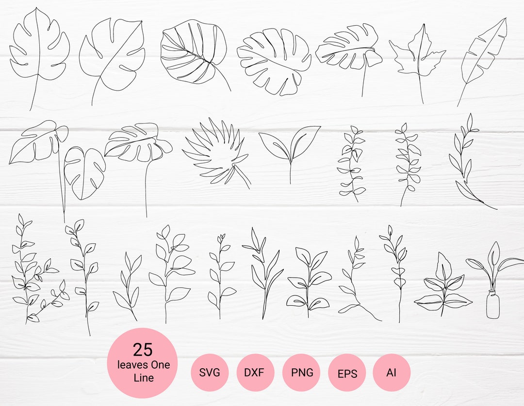 25 Leaves One Line Svg Bundle for Cut File, Tropical Trees, Botany Hand ...