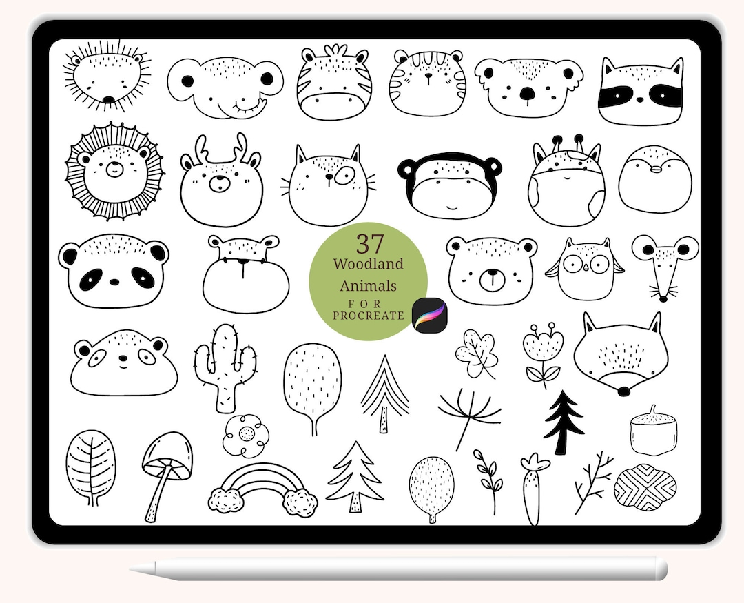 37 Woodland Animals Bundle Stamp Procreate,forest Head Animal Outline ...