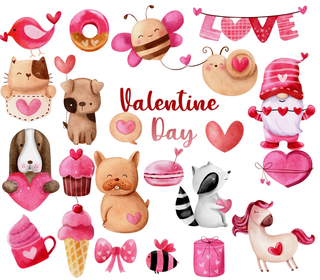 Valentine Watercolor Clipart Bundle Heart, Love, Animals Watercolor ...