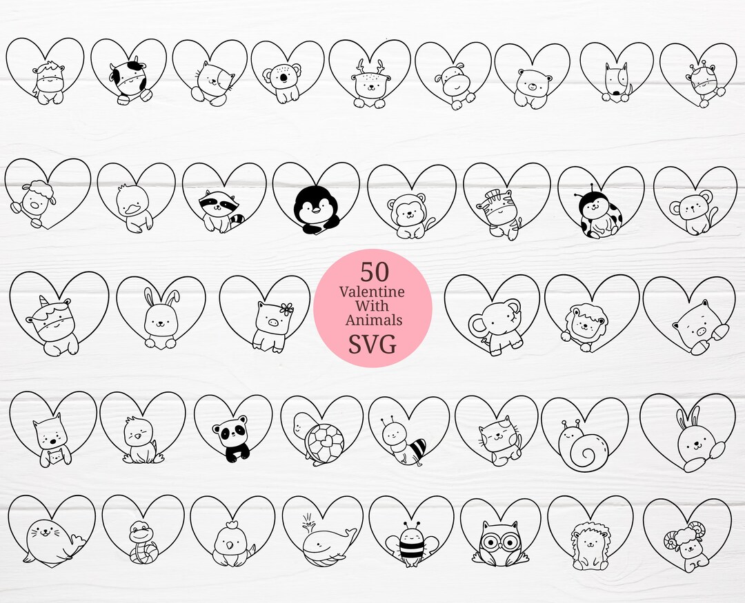 50 Animals With Valentine Bundle SVG for Cut File,animal Hand Drawn ...