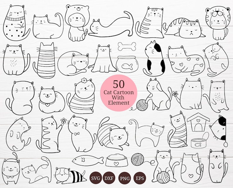 50 Cat Cartoon Bundle SVG for Cut File, Animal Hand Drawn,charector ...
