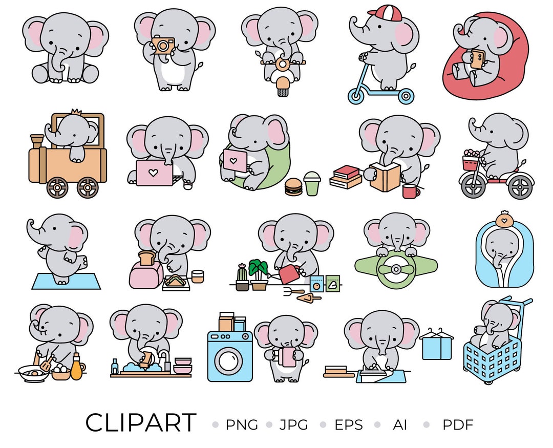 20 Elephant Cartoon Bundle Clipart, Kawaii, Doodle , Icons ,for ...