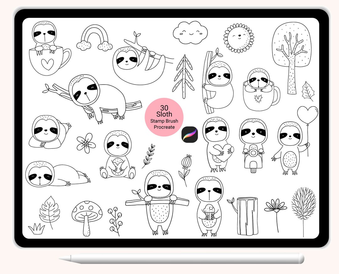 30 Sloth Animal Bundle Stamp Procreate,forest Head Animal Outline ...