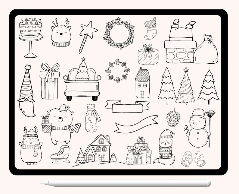 100 Christmas Procreate Stamps, Christmas Ornaments Doodle, Christmas ...