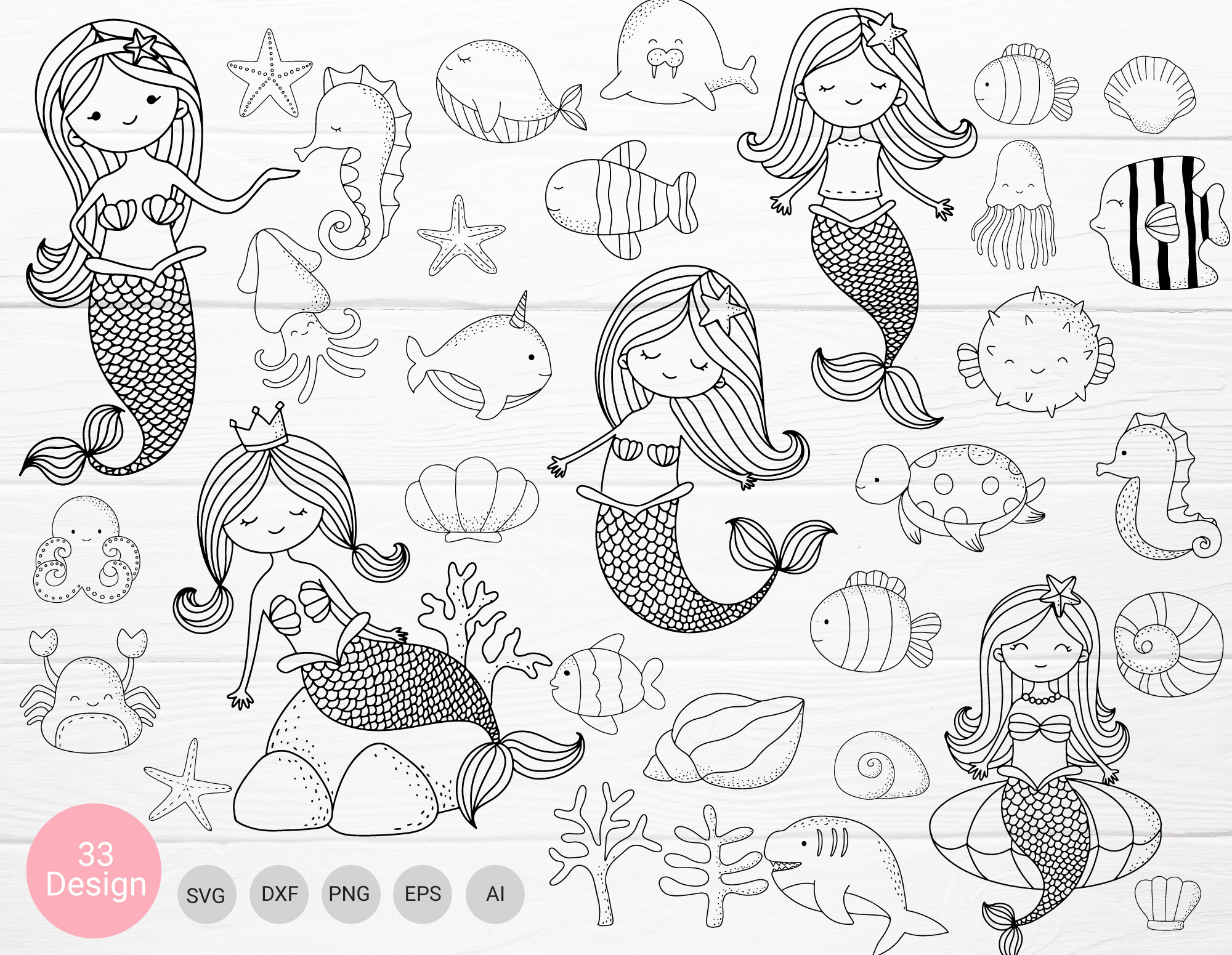 33 Mermaid Cartoon Bundle Svg,cut File,ocean Animals Fish, Shell ...