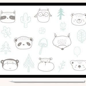 37 Woodland Animals Bundle Stamp Procreate,forest Head Animal Outline ...