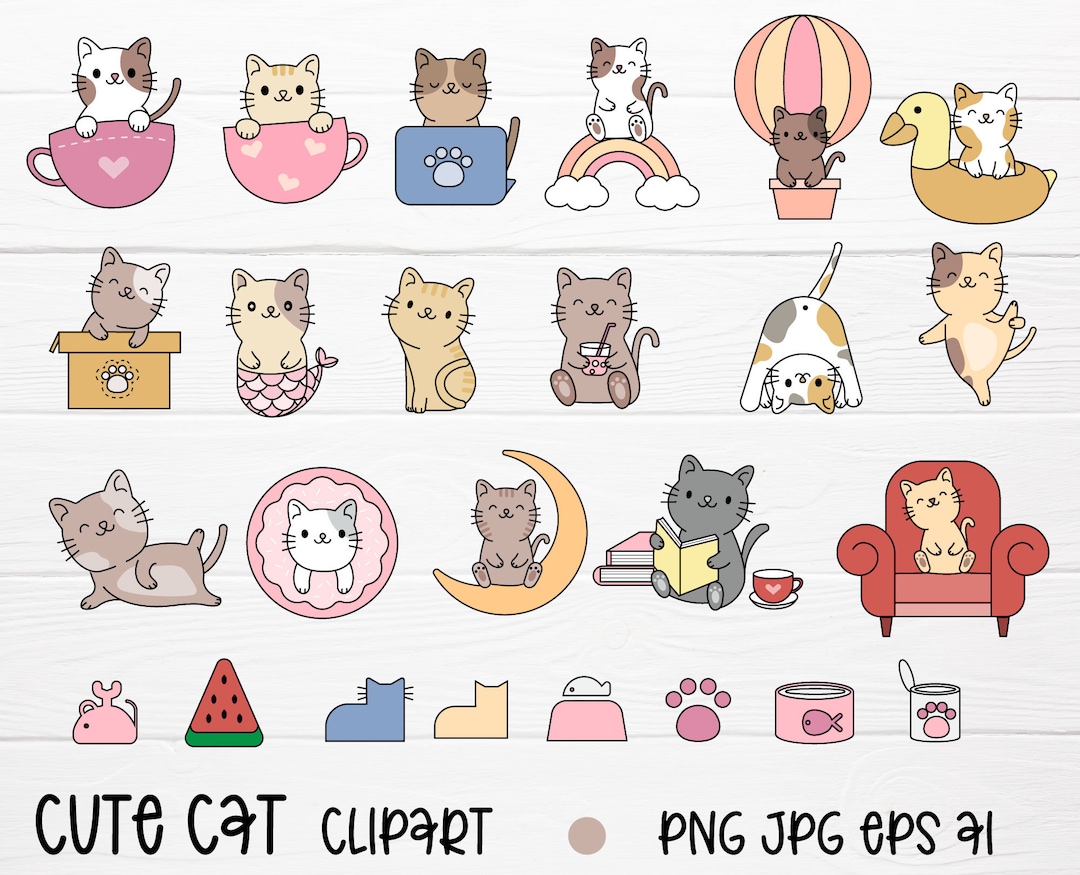 Cats Cartoon Clipart, Kawaii Cat Doodle , Icons Pet Illustration ,for ...