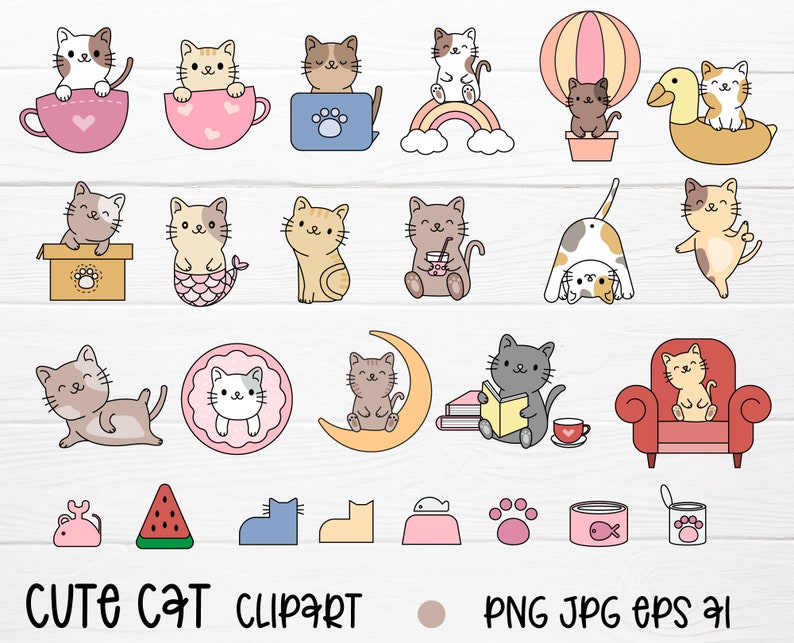 Cats Cartoon Clipart, Kawaii Cat Doodle , Icons Pet Illustration ,for ...