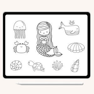 30 Mermaid Cartoon Bundle Stamp Procreate, Ocean Animals Fish, Shell ...