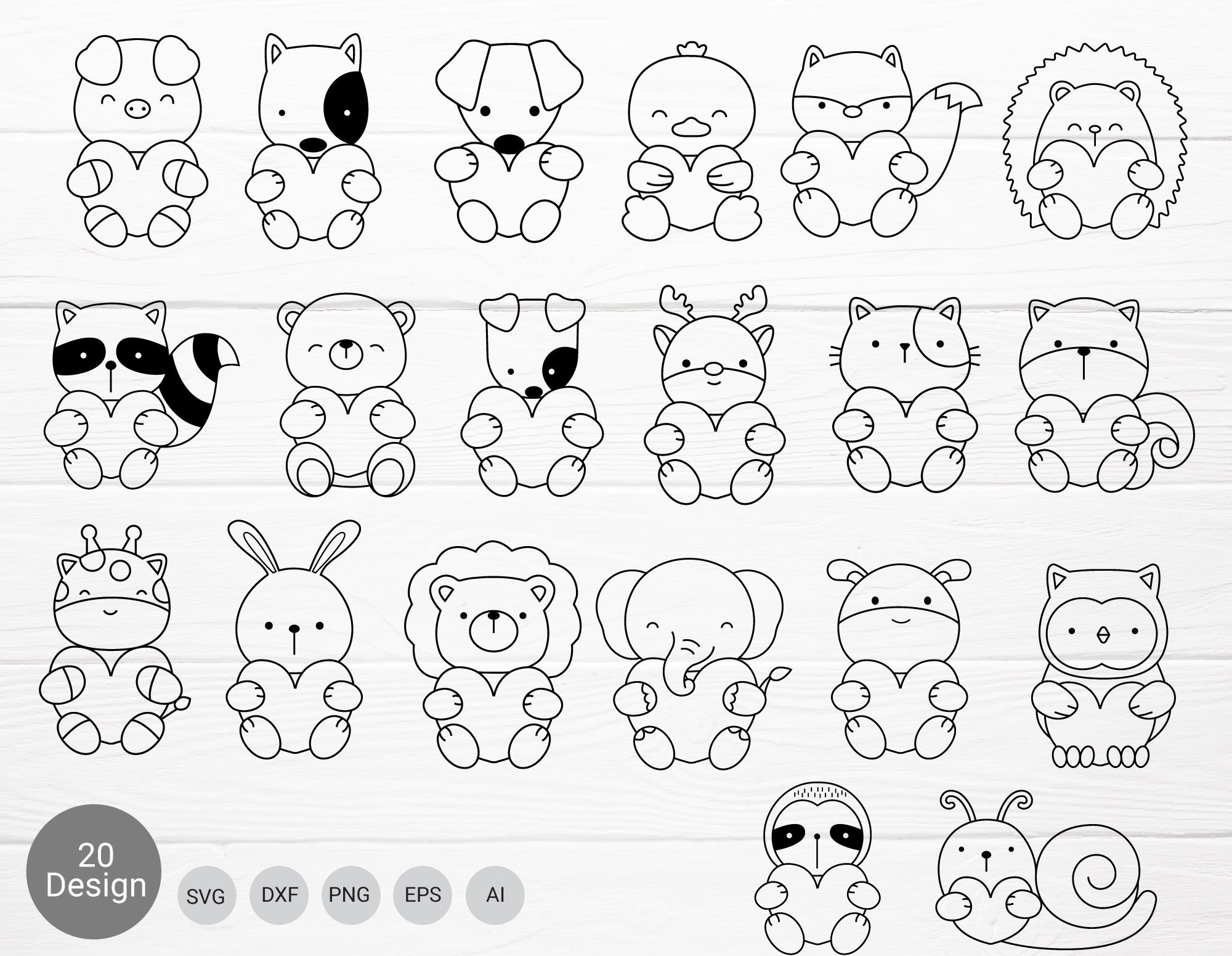 20 Animals With Heart Valentine Bundle SVG for Cut File, Animal Hand ...