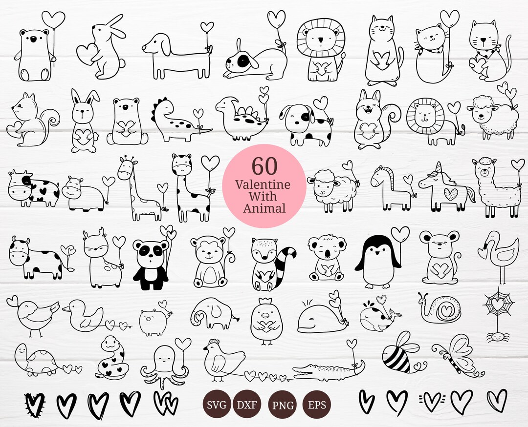 60 Animals With Valentine Bundle SVG for Cut File, Animal Hand Drawn ...