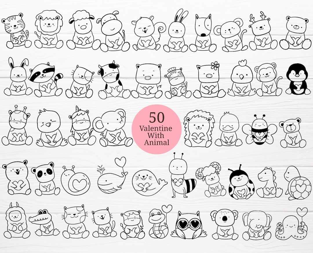 50 Animals With Valentine Bundle SVG for Cut File, Animal Hand Drawn ...