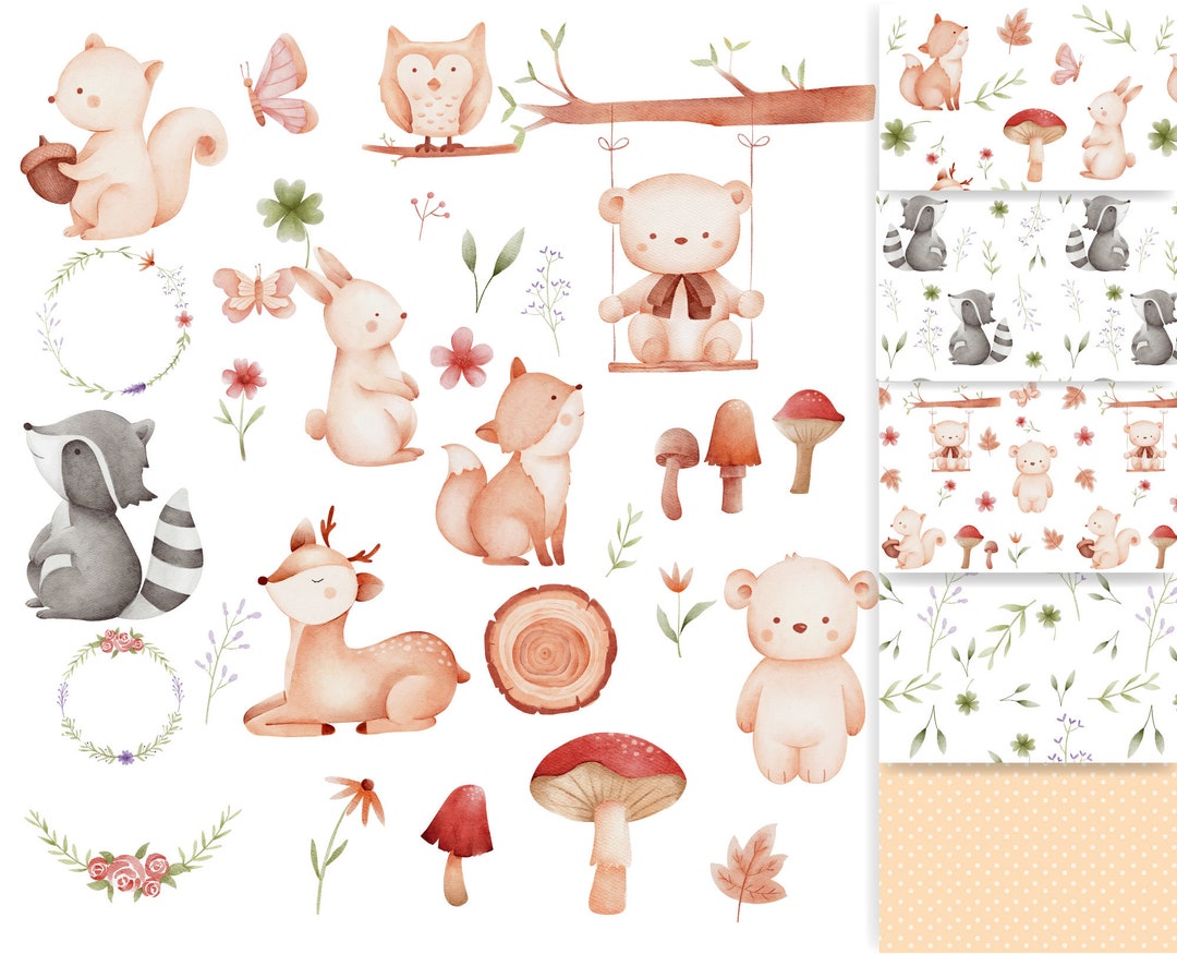30 Woodland Animals Watercolor, Seamless Pattern, Digital Paper,flower ...