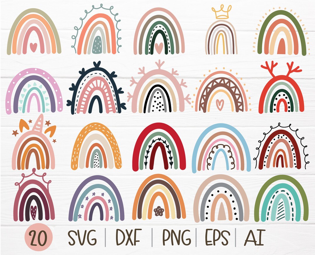 20 Rainbow Svg Bundle, Hand Drawn Style, Rainbow Dxf, Rainbow Png ...