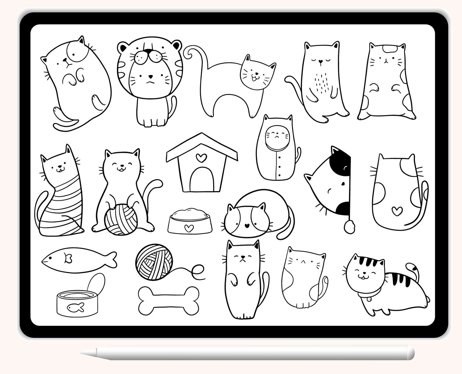 50 Cat Cartoon Procreate Stamps,cute Cat, Abstract Doodle,hand Drawn ...