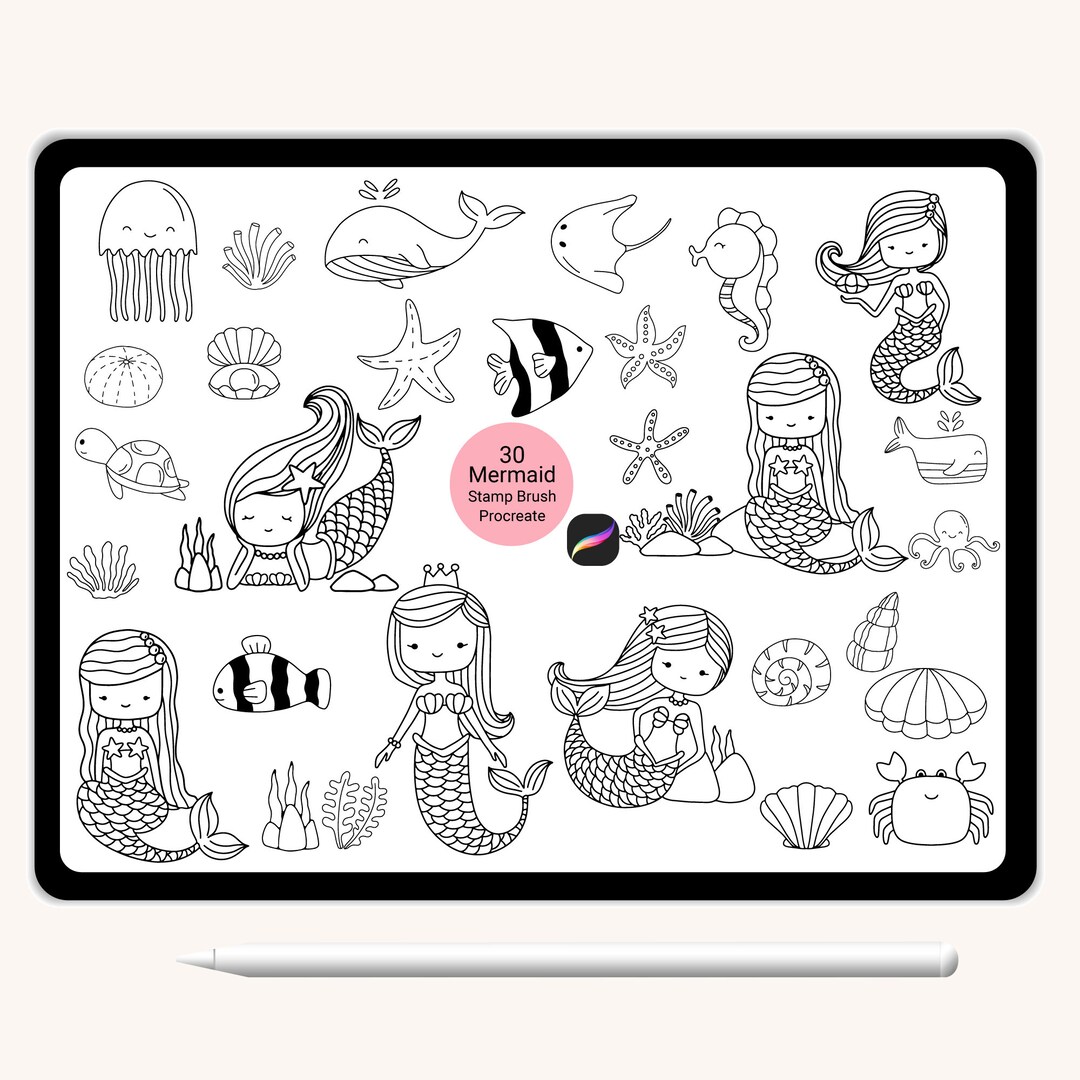 30 Mermaid Cartoon Bundle Stamp Procreate, Ocean Animals Fish, Shell ...