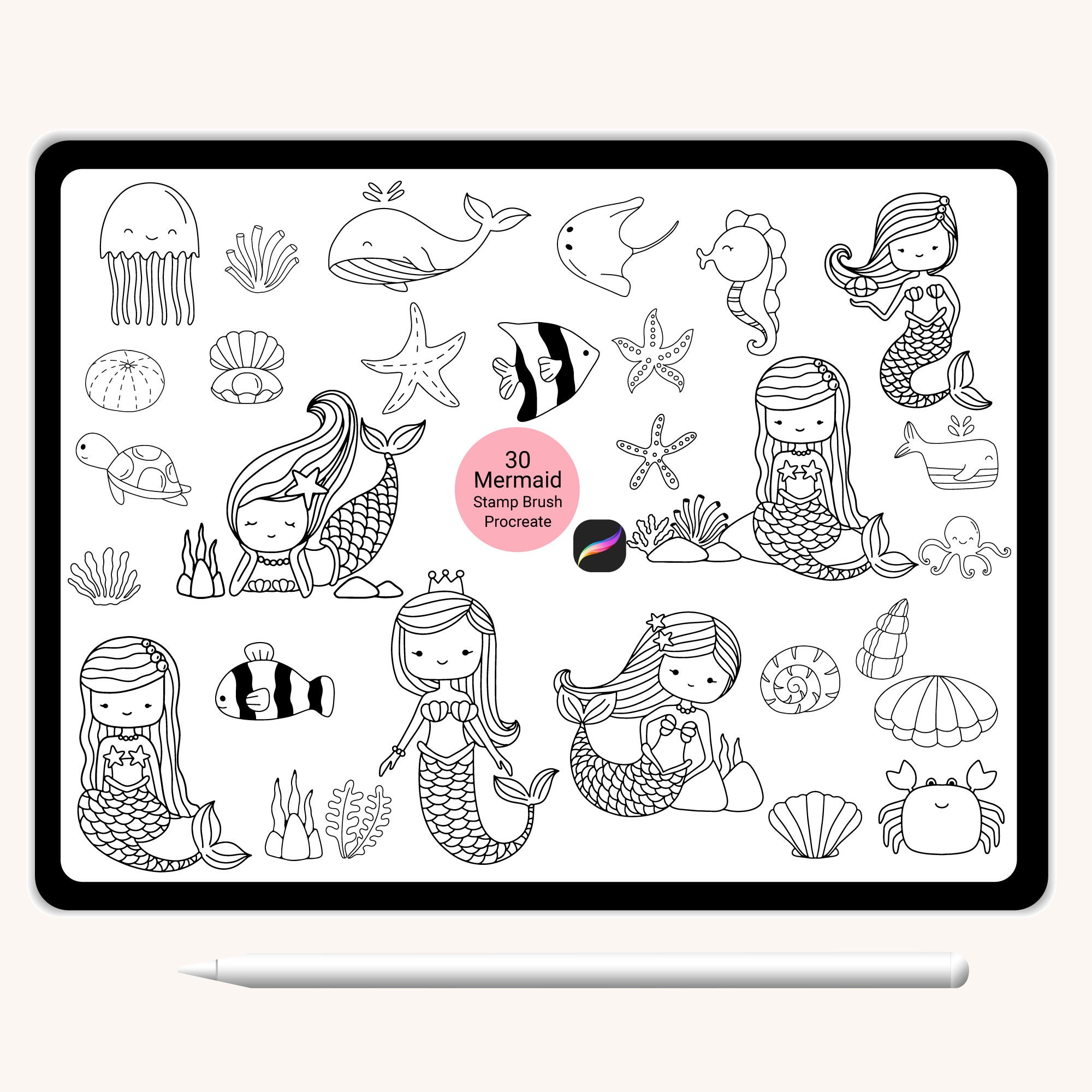 30 Mermaid Cartoon Bundle Stamp Procreate, Ocean Animals Fish, Shell ...