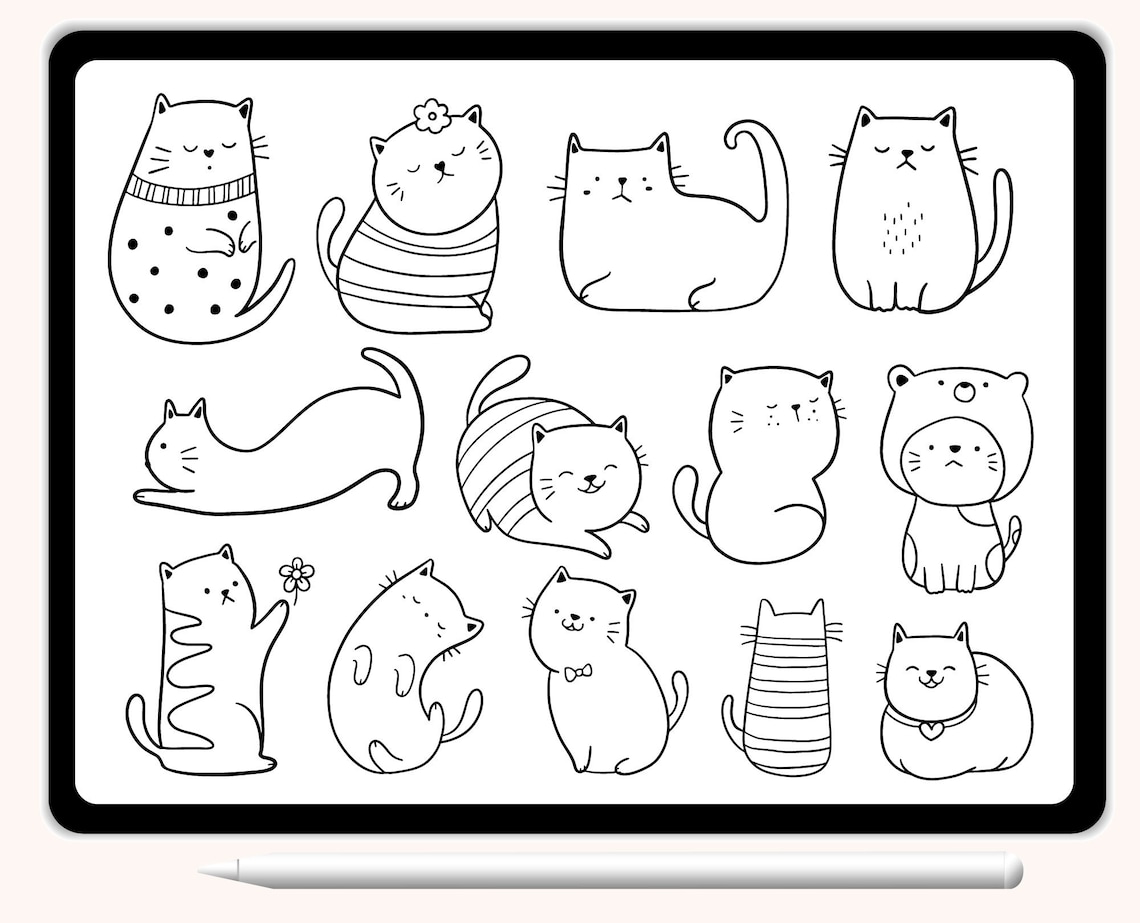 50 Cat Cartoon Procreate Stamps,cute Cat, Abstract Doodle,hand Drawn ...