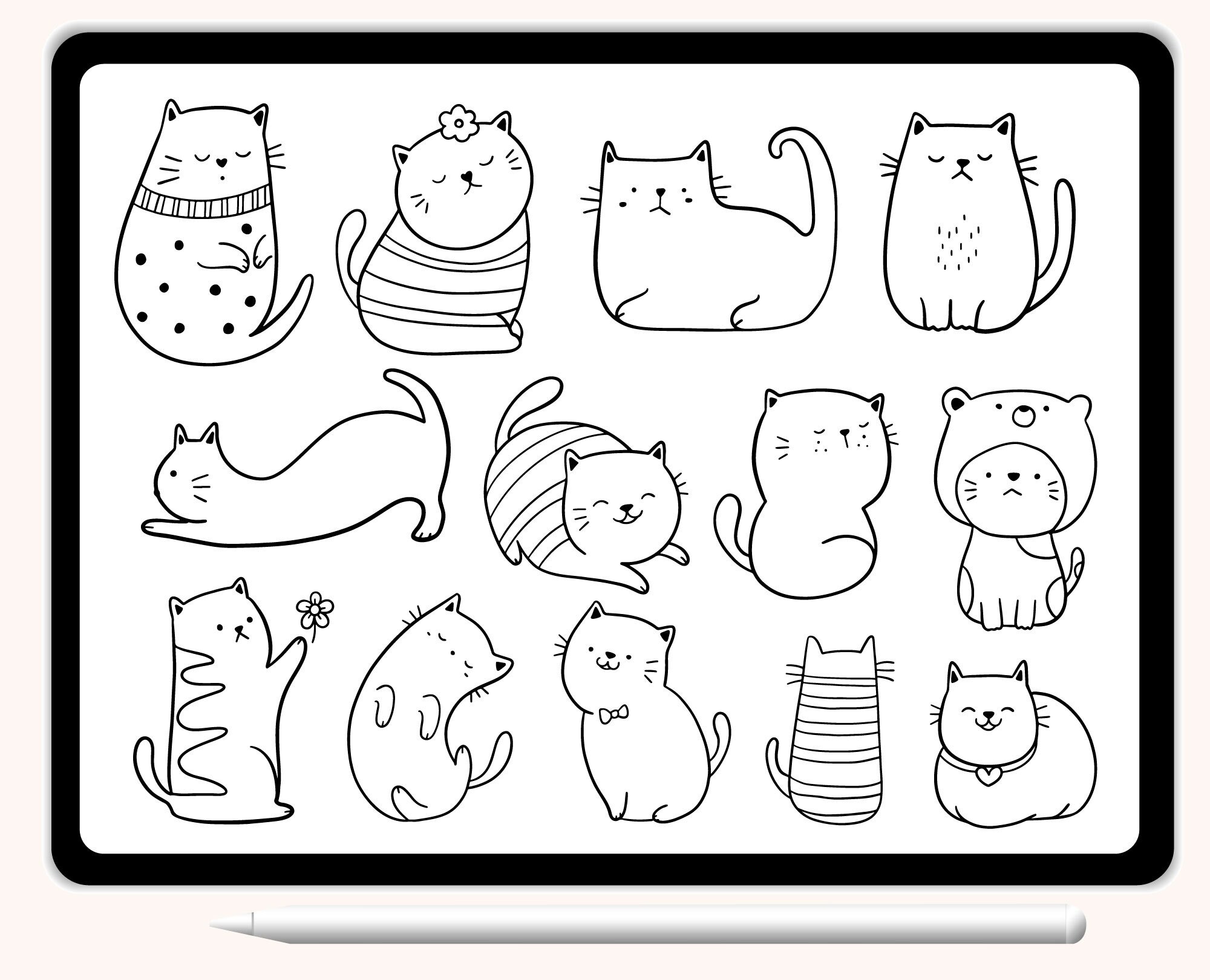 50 Cat Cartoon Procreate Stamps,cute Cat, Abstract Doodle,hand Drawn ...
