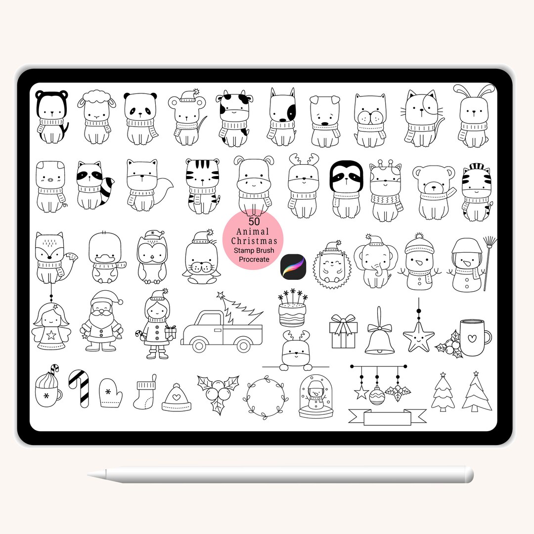 50 Christmas Animal Procreate Stamps, Christmas Ornaments Doodle ...