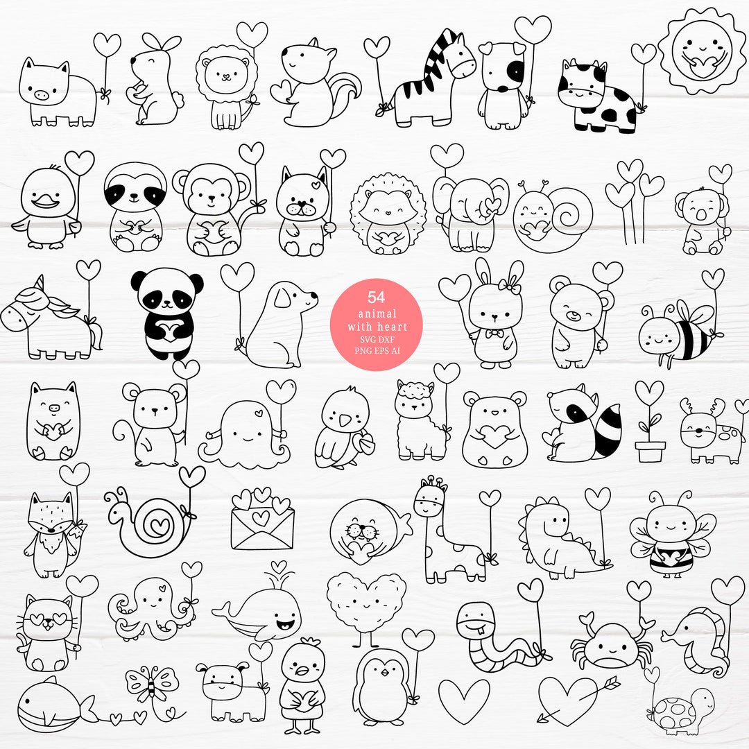 54 Animals With Valentine Bundle SVG for Cut File, Animal Hand Drawn ...