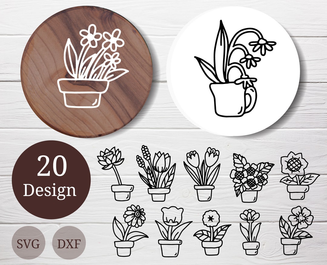 20 SVG Flowers With Pots Bundle for Cut File, Flower Hand Drawn Style ...