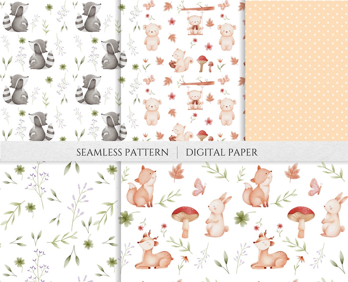 30 Woodland Animals Watercolor Seamless Pattern Digital - Etsy