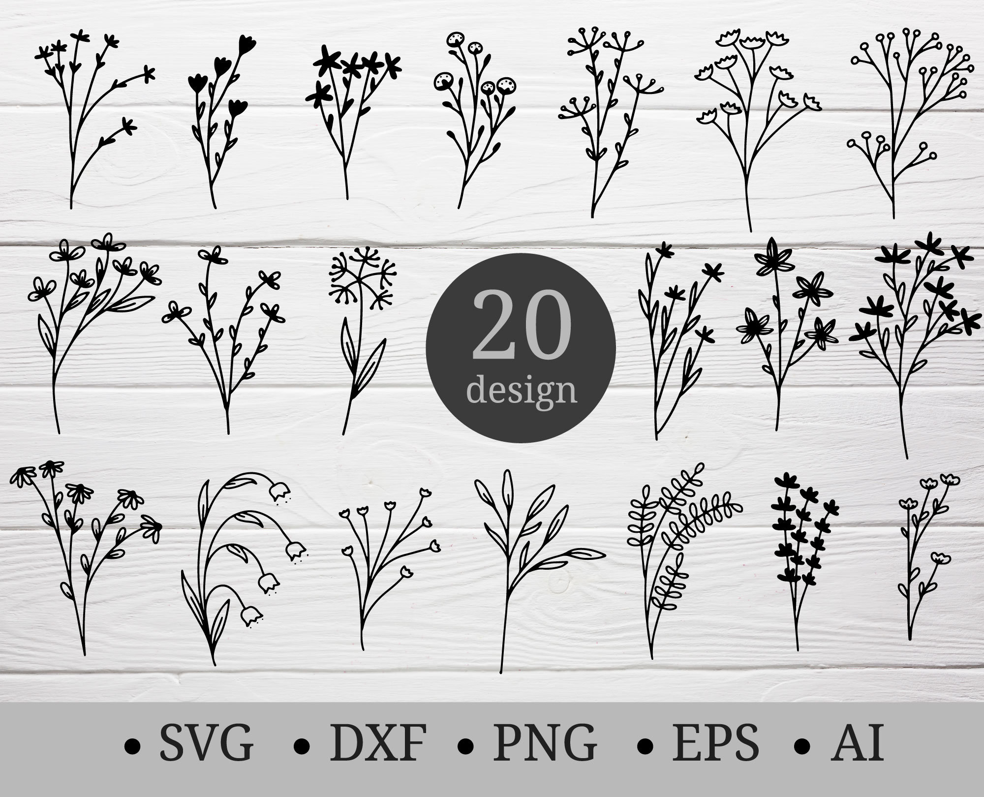 Hand Drawn Delicate Floral Bundle floral leaves and branches svg ...