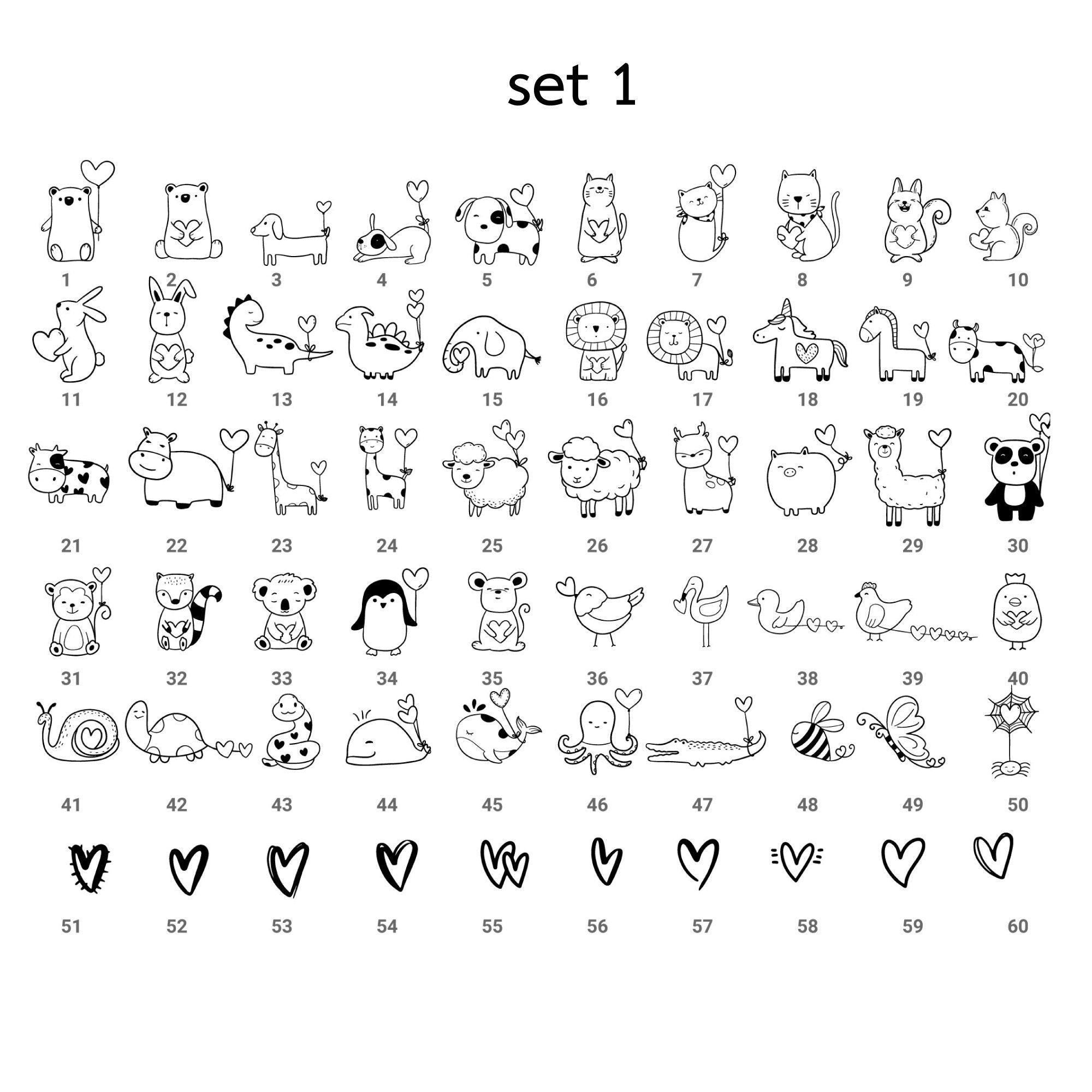 110 Animals With Valentine Bundle SVG for Cut File, Animal Hand Drawn ...