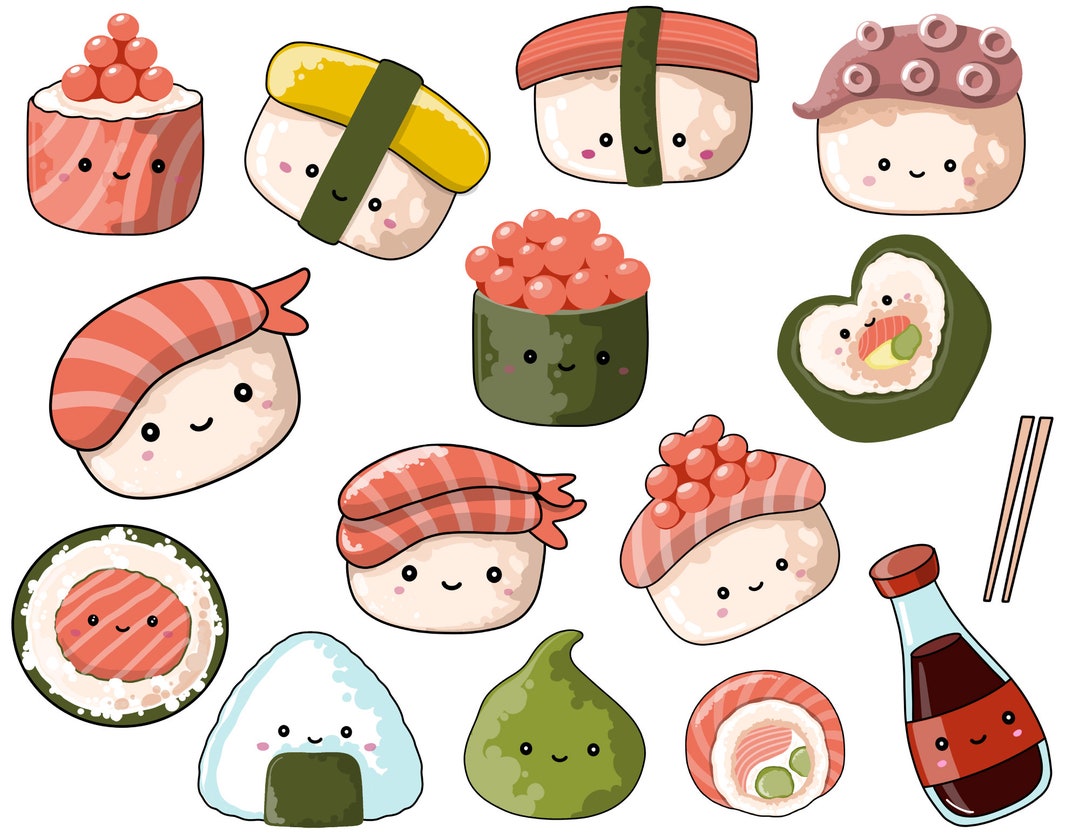 15 Kawaii Sushi Clipart Cute Sushi Clipart Set Bundle - Etsy