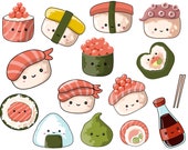 15 Kawaii Sushi Clipart Cute Sushi Clipart Set Bundle - Etsy
