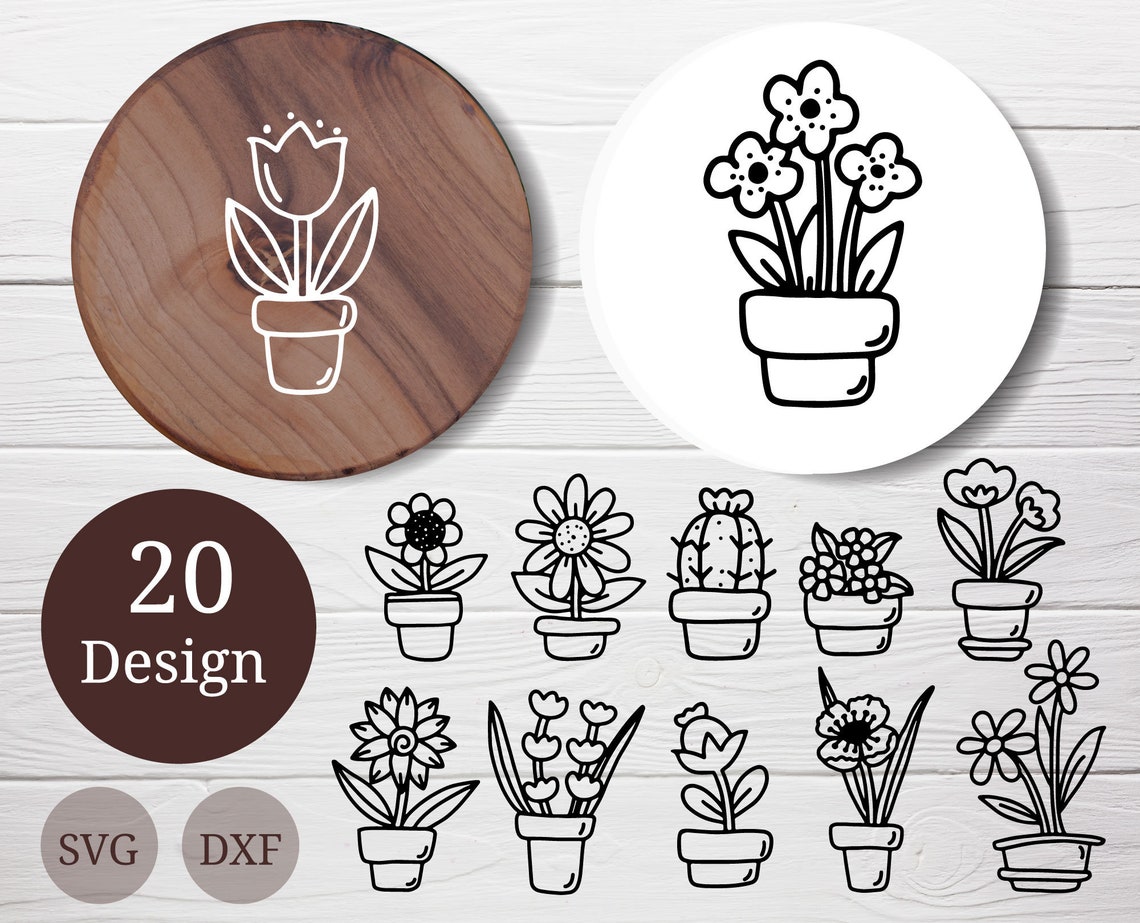 20 SVG Flowers With Pots Bundle for Cut File, Flower Hand Drawn Style ...