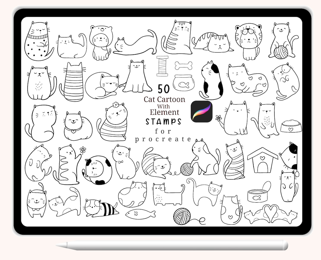 50 Cat Cartoon Procreate Stamps,cute Cat, Abstract Doodle,hand Drawn ...
