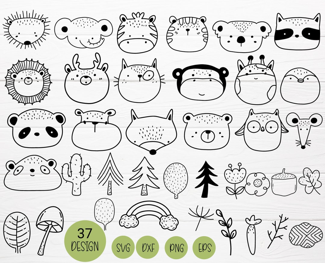 Woodland Animals Bundle SVG for Cut File, Coloring Forest Head Animal ...
