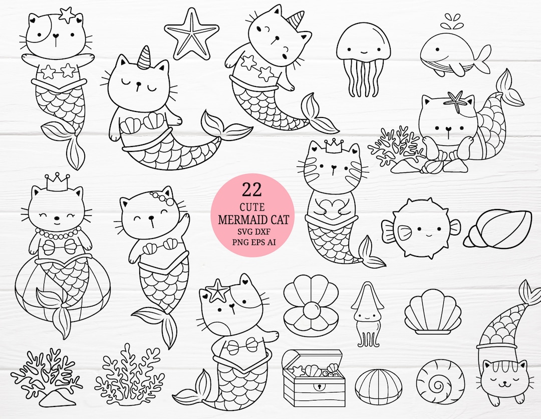 Mermaid Cat Bundle SVG Cut File,outline Line Art PNG Clipart, Digital ...