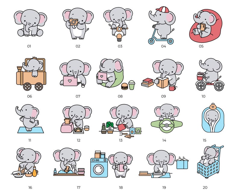 20 Elephant Cartoon Bundle Clipart, Kawaii, Doodle , Icons ,for ...
