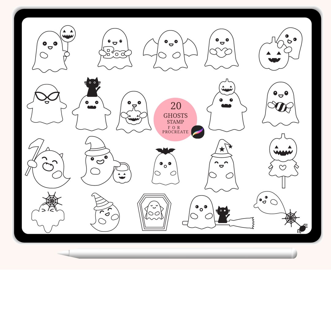 20 Cute Ghost Cute Halloween Procreate Stamp Brushes Doodle and Hand ...