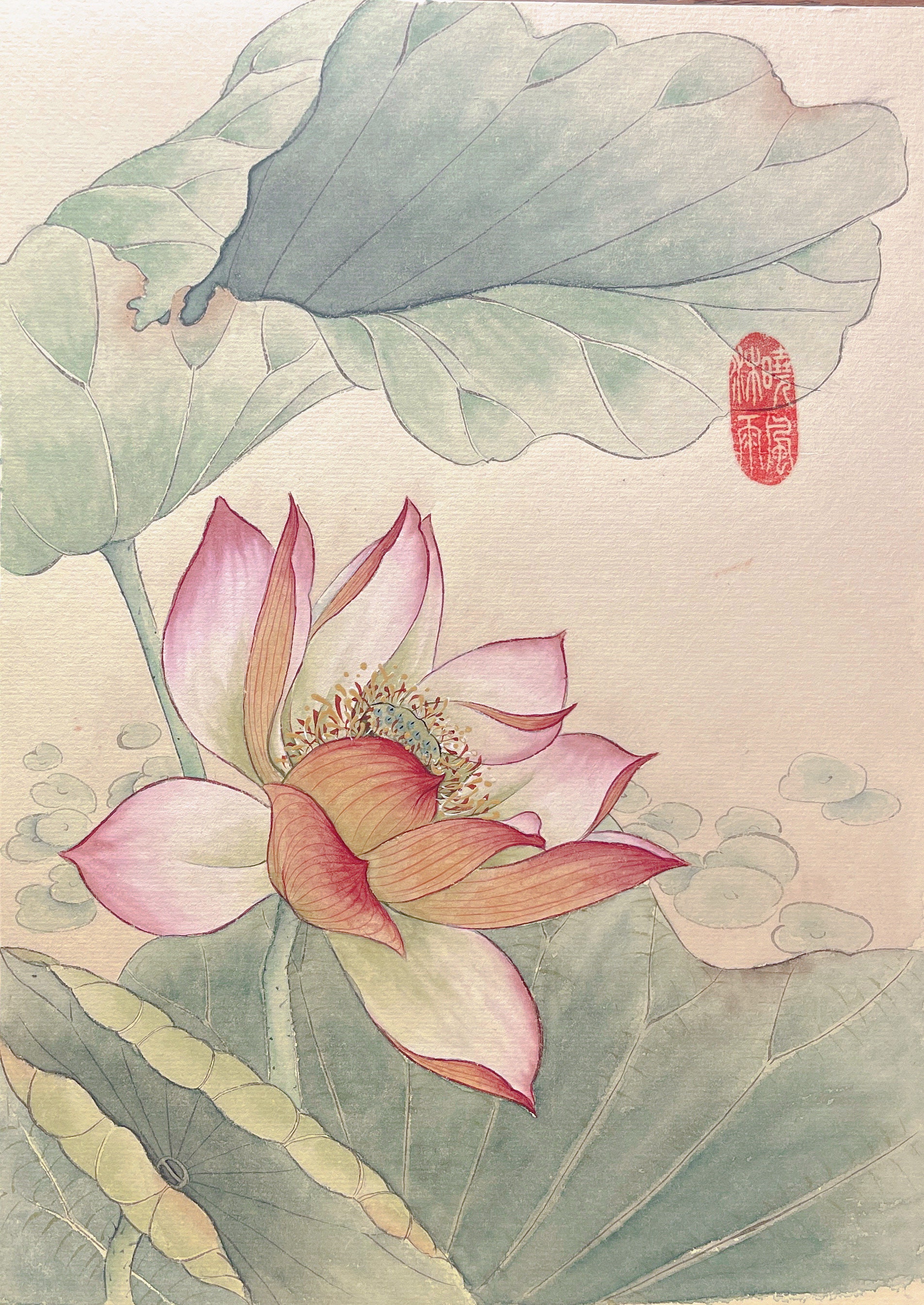 Original Lotus Flower Painting: Glittering Asian Art, 20x30 Cm - Etsy