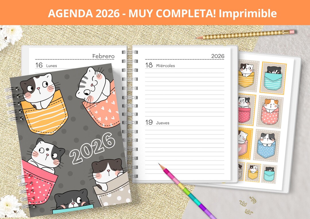 2026 Agenda With STICKERS Kittens Two Days per Page to Print Monthly ...