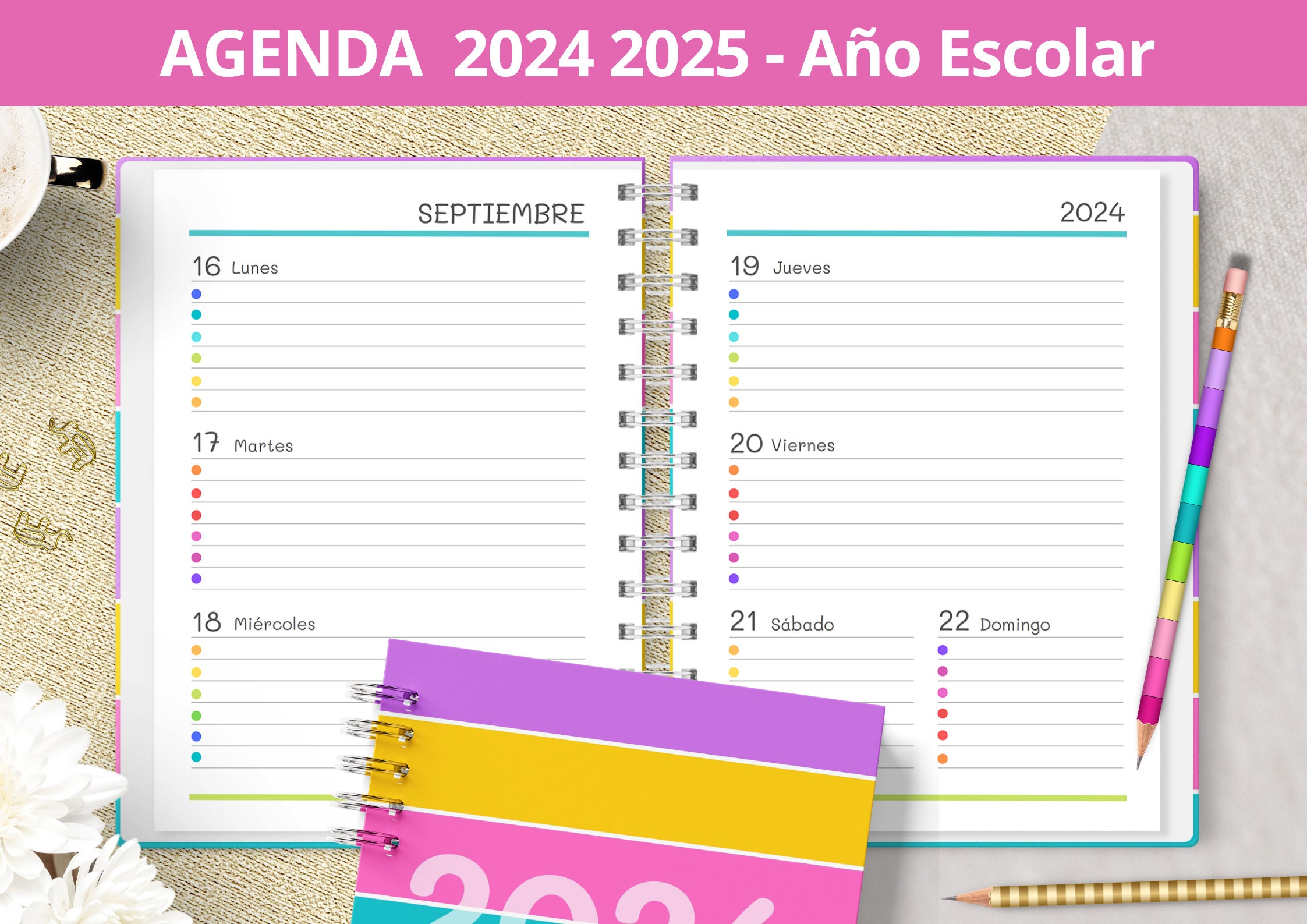 Agenda 2024 2025 Año Escolar Imprimible Agosto a Julio Vista Semanal ...